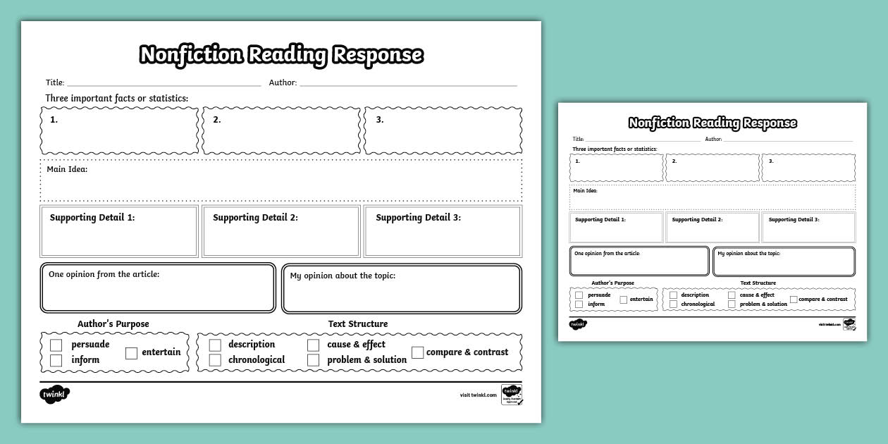 Nonfiction Reading Response Worksheet for 6th-8th Grade