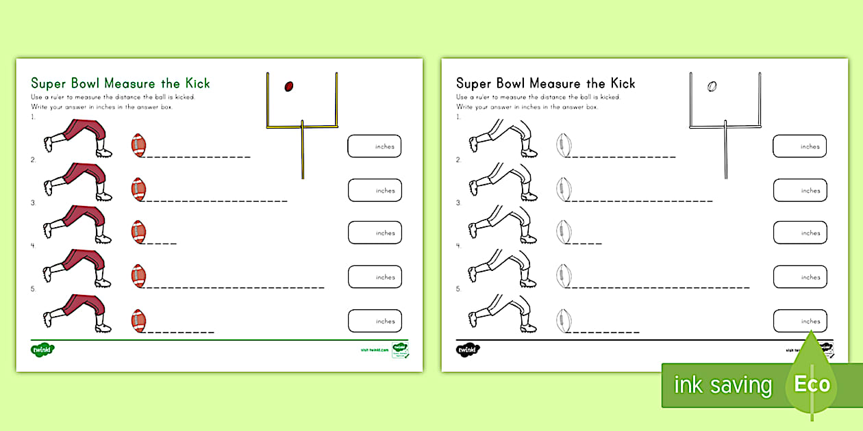 Super Bowl Measure the Kick Math Worksheet for 1st-2nd Grade