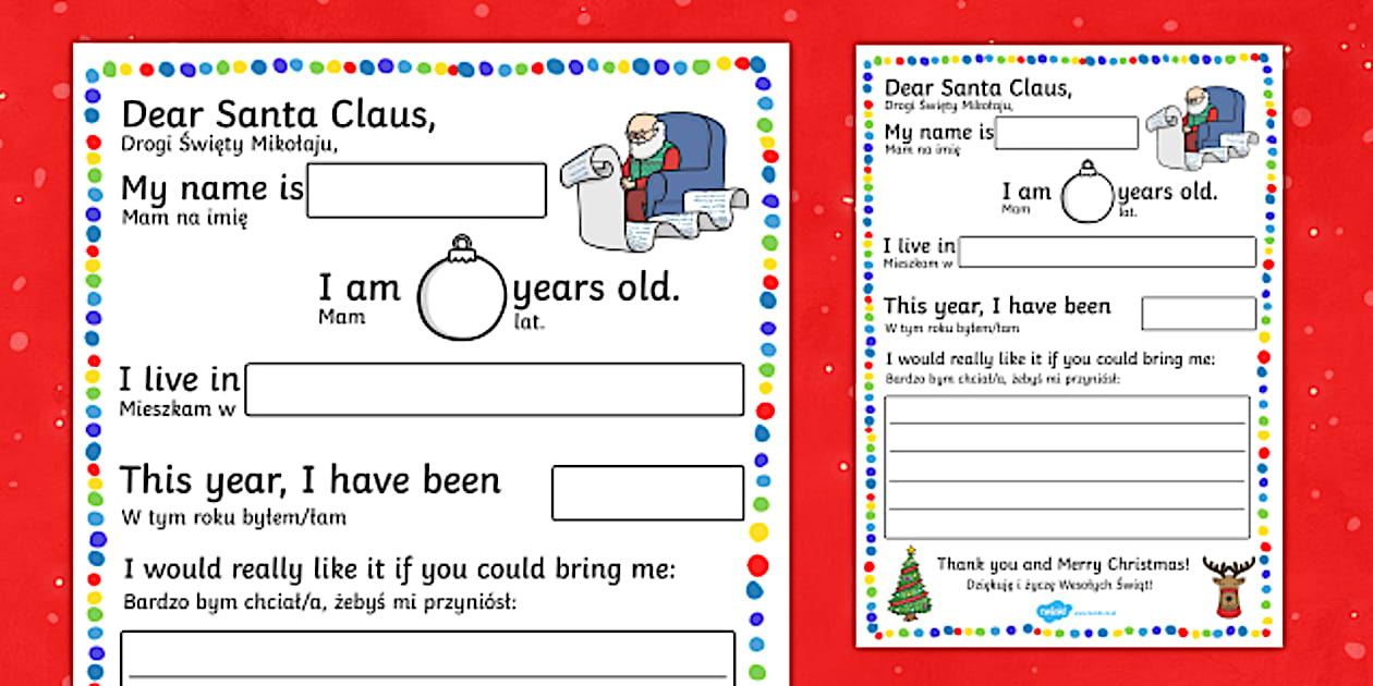 Black and White Letter to Santa Cloze Procedure English/Polish
