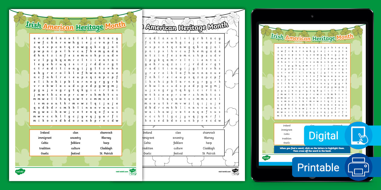Irish American Heritage Month Word Search for 6th-8th Grade