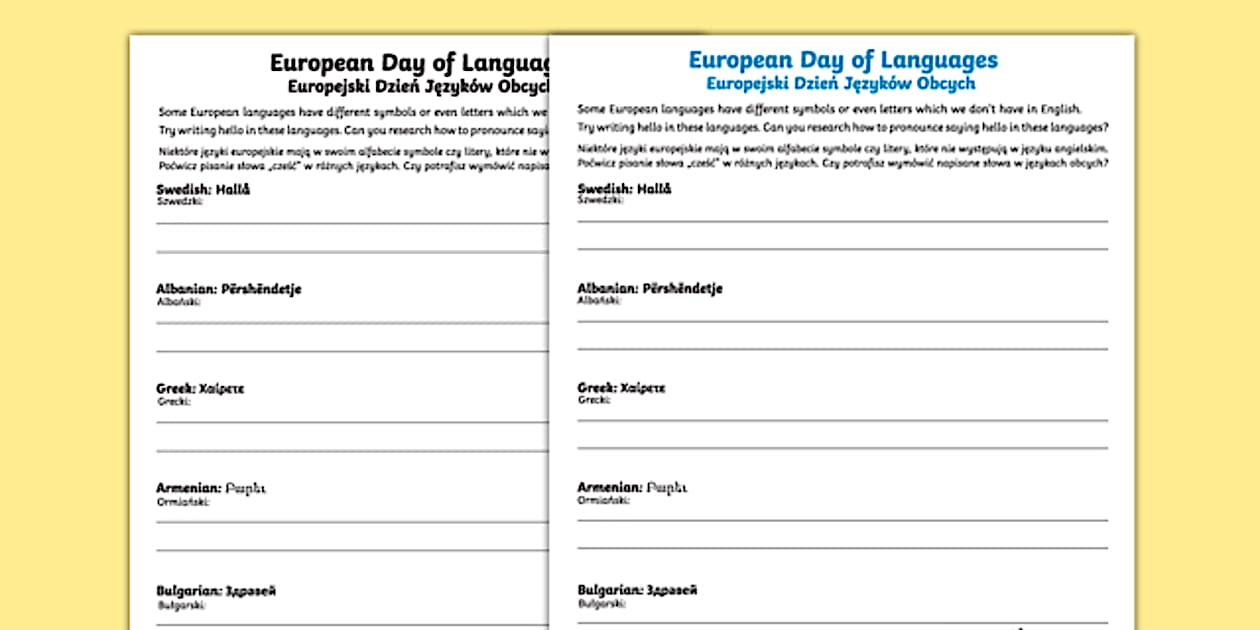 European day of languages writing hello in different languages worksheet