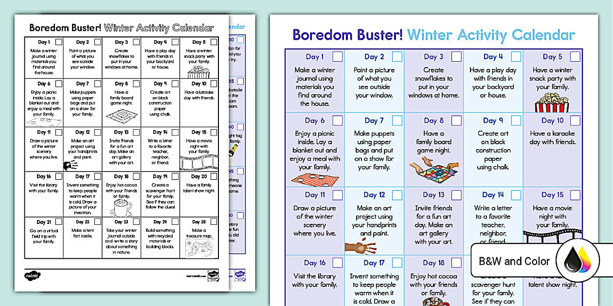 Boredom Buster! Winter Activity Calendar (teacher made)