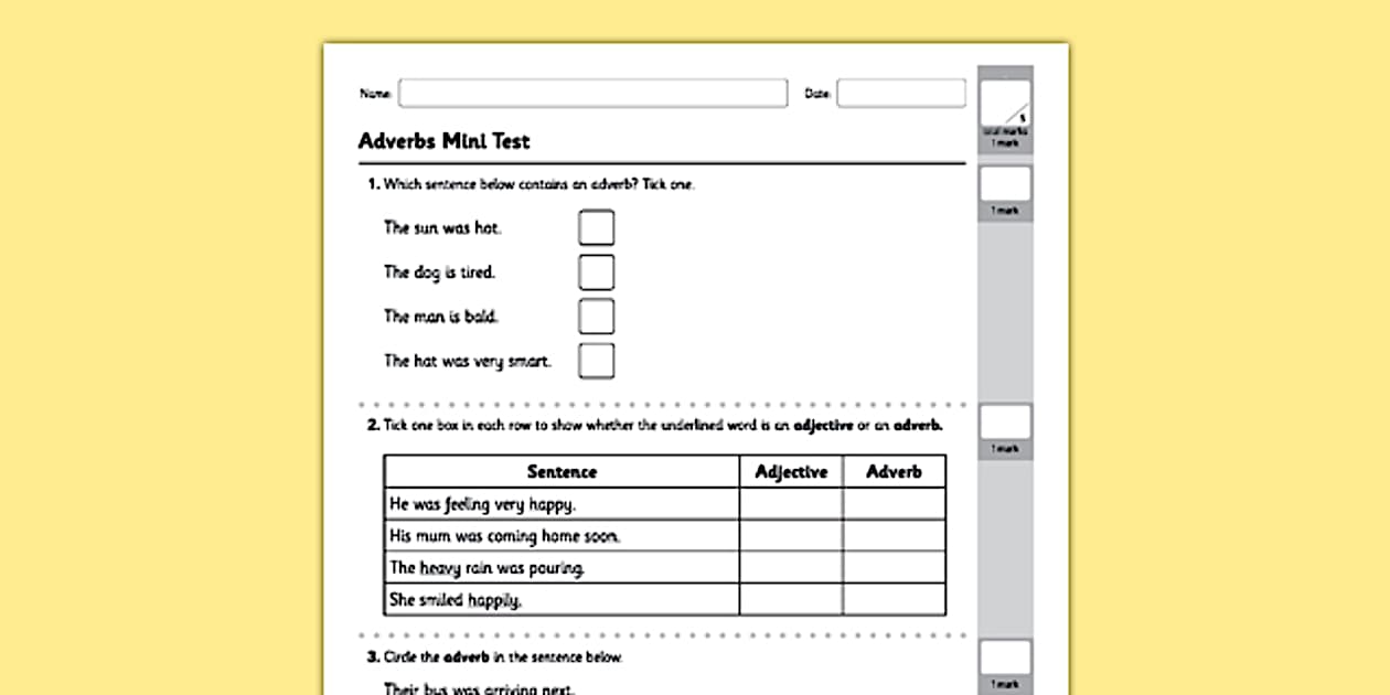 Editable KS2 Adverbs Mini Test Worksheet (teacher made)