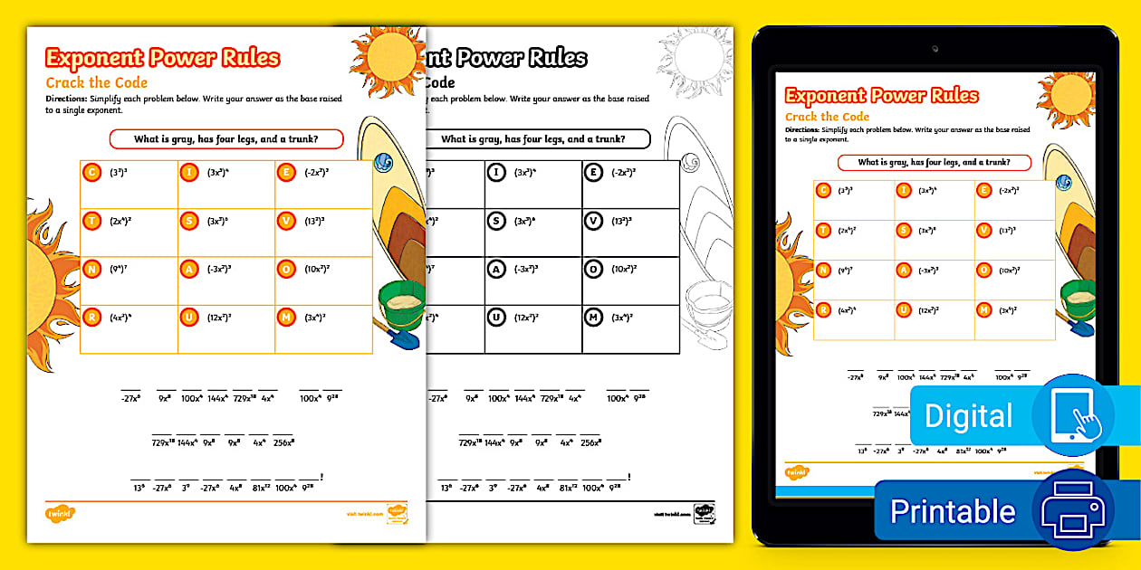 8th Gr. Summer Jokes Exponent Rules Crack the Code Worksheet