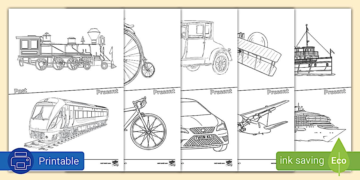 Past and Present: Transport - Colouring Pages - Twinkl