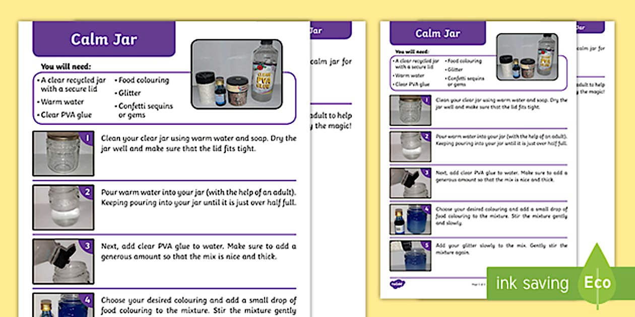 Calm Jar Craft Instructions Worksheet (teacher made)