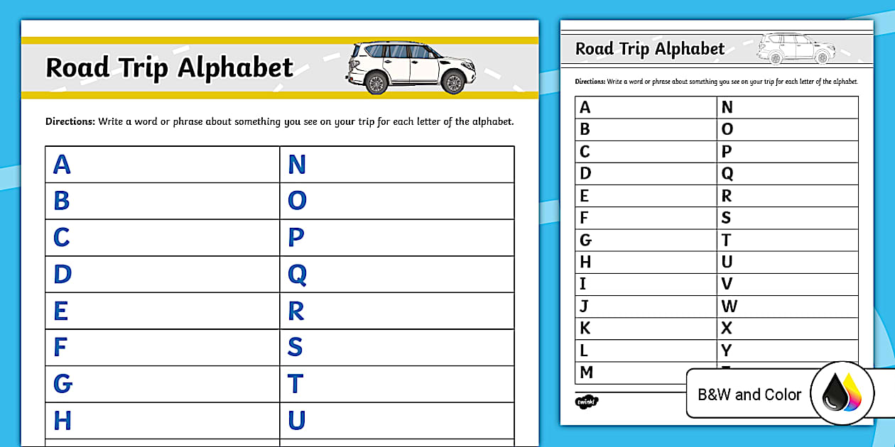 Road Trip Alphabet Worksheet for 3rd-5th Grade - Twinkl