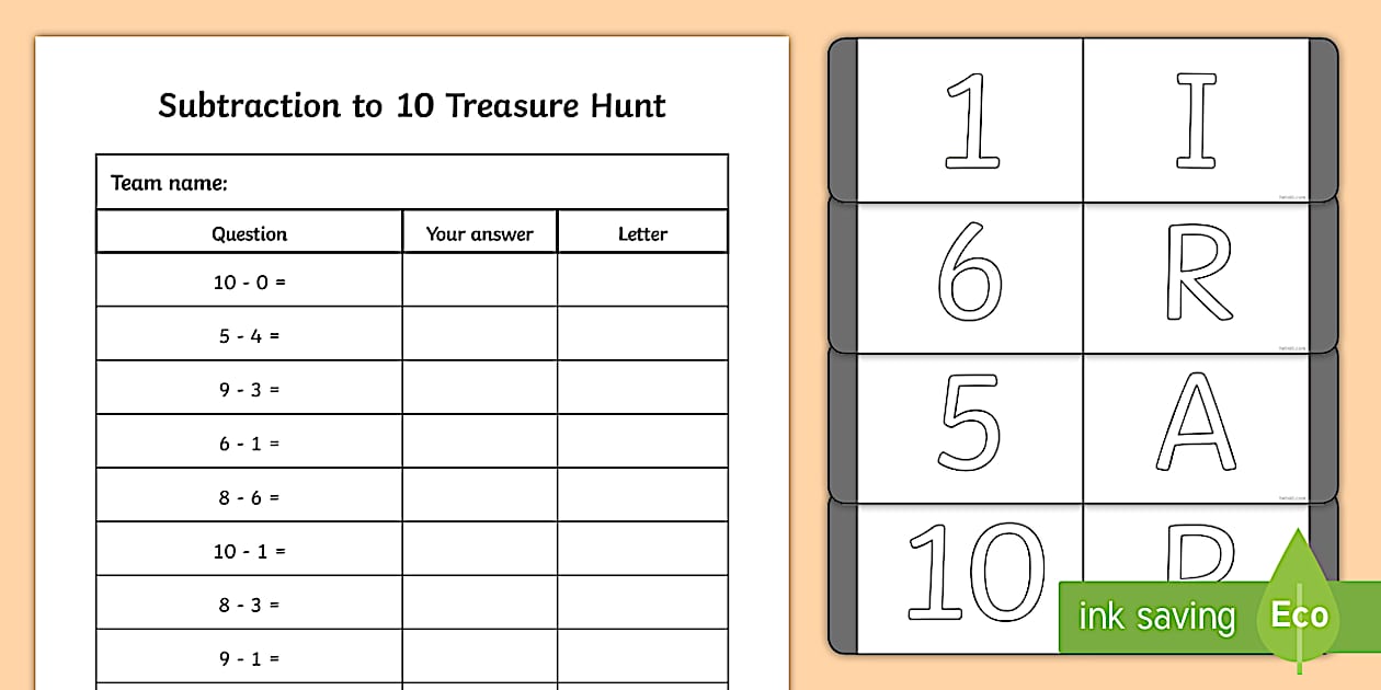 Subtraction to 10 Treasure Worksheet / Worksheet - - Subtraction to 10