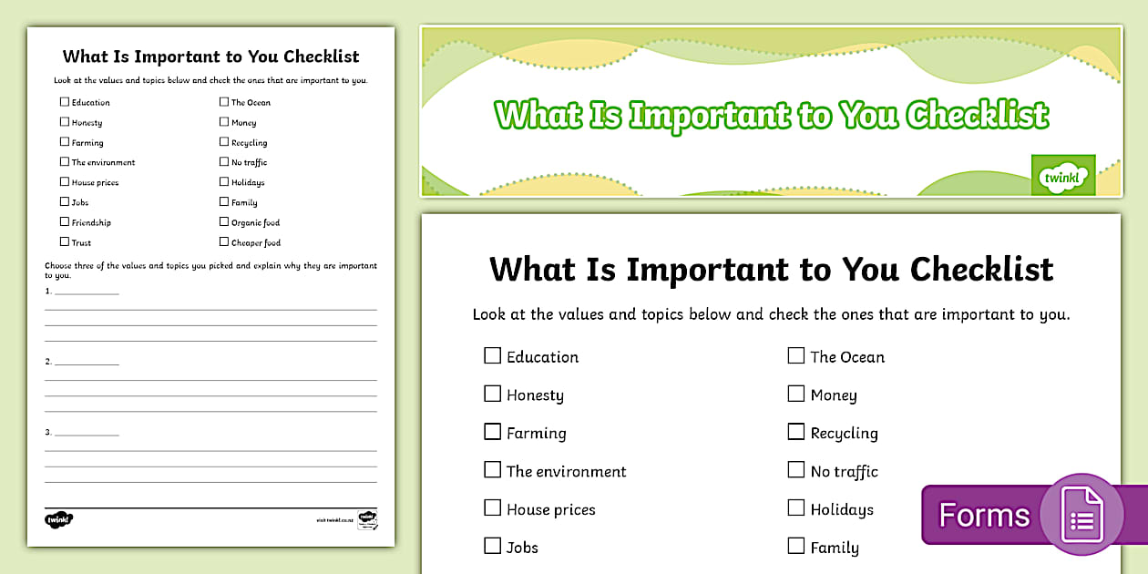 What is Important to You? Checklist Activity (teacher made)