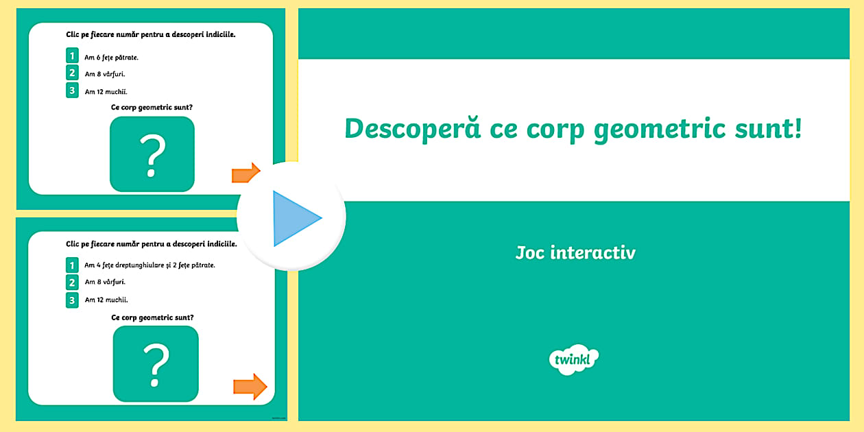 Descoperă corpul geometric după proprietăți - Joc PowerPoint interactiv