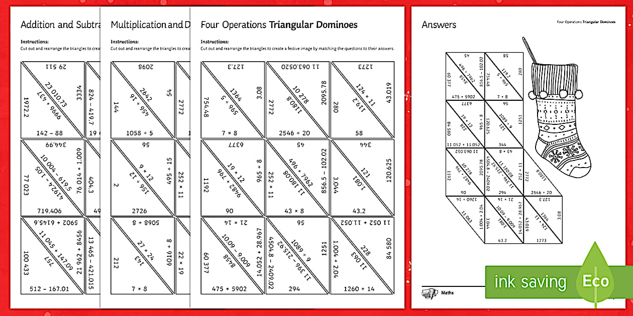 Maths Christmas: Four Operations Differentiated Triangular Dominoes