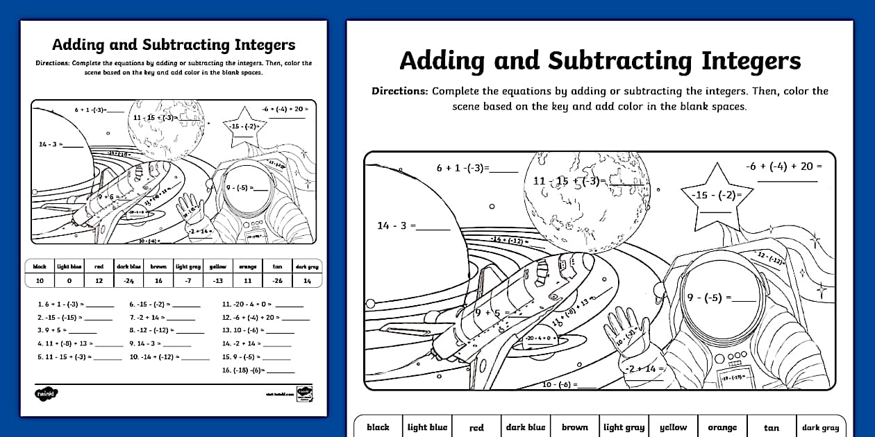 Adding and Subtracting Integers Coloring Worksheet | Twinkl