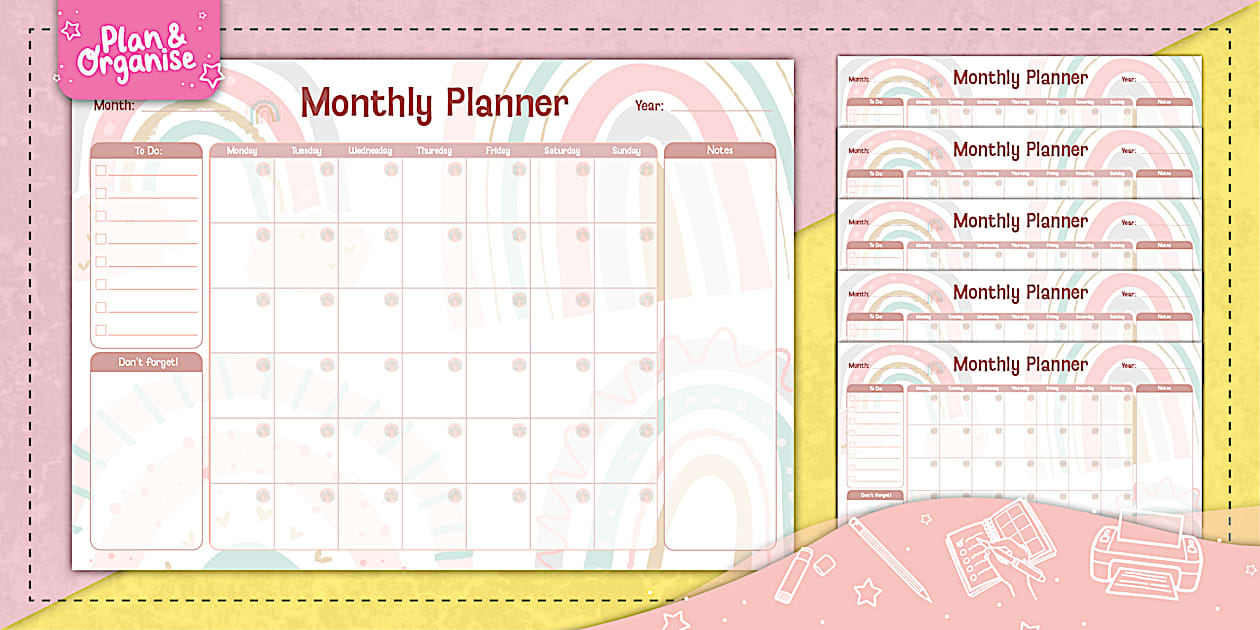 Muted Rainbow-Themed Blank Monthly Planner Calendar Template