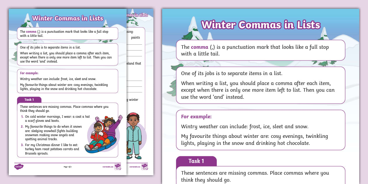 Winter Commas in Lists Activity Sheets (teacher made)