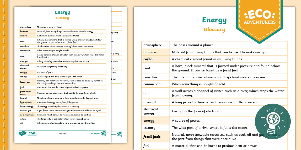 Year 3 Energy: Key Vocabulary Glossary