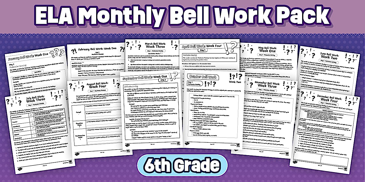 Sixth Grade ELA Monthly Bell Work Bundle Resource Pack