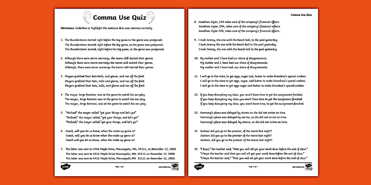 Advanced Comma Review Worksheet for 8th Grade | Twinkl USA