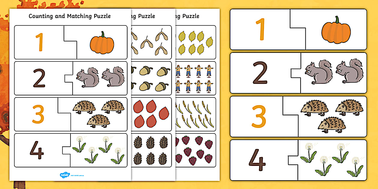 Black and White Autumn Counting Matching Puzzle - Twinkl