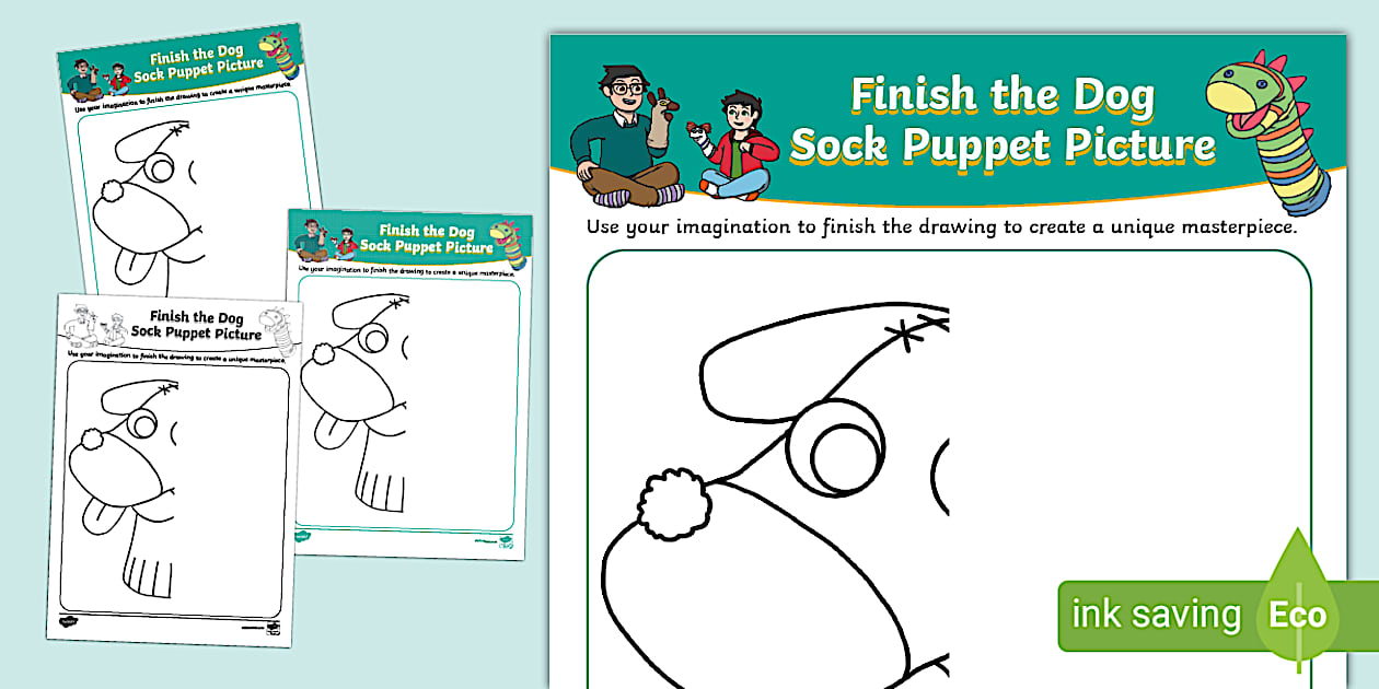 Finish the Dog Sock Puppet Picture Worksheet (teacher made)