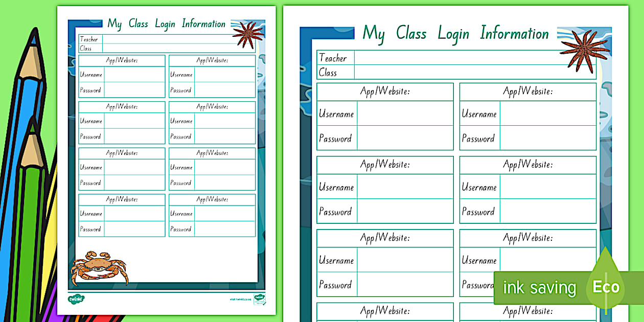 Under the Sea Editable Login Information Sheet - Twinkl