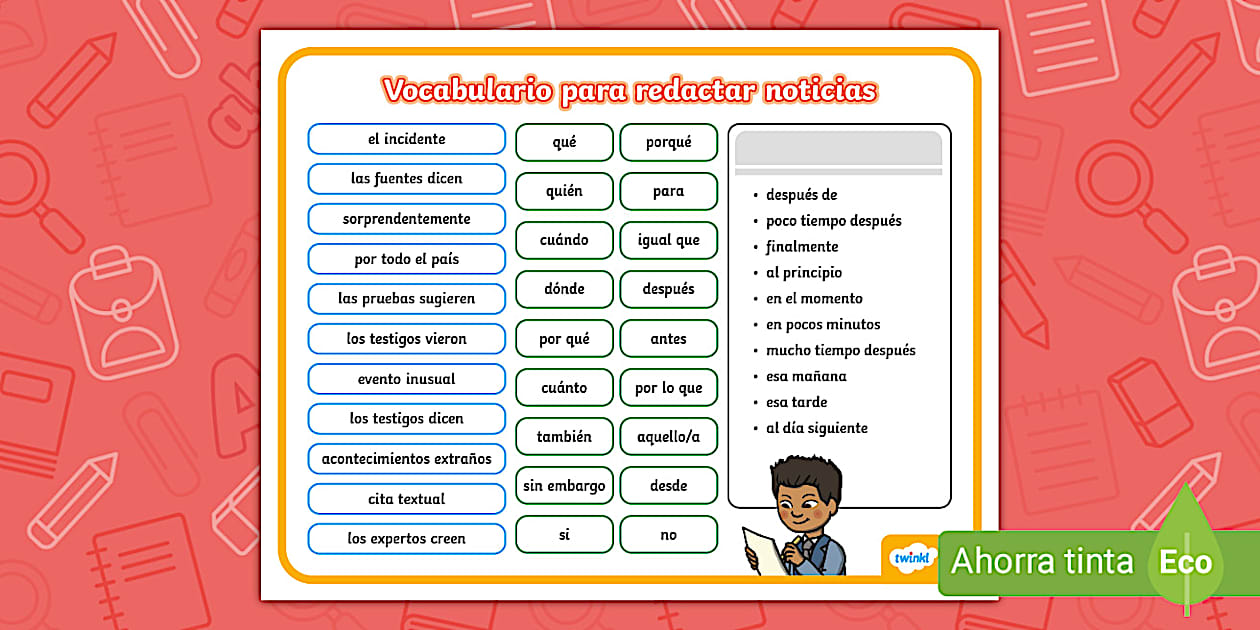 Póster Vocabulario para Redactar Noticias - Twinkl