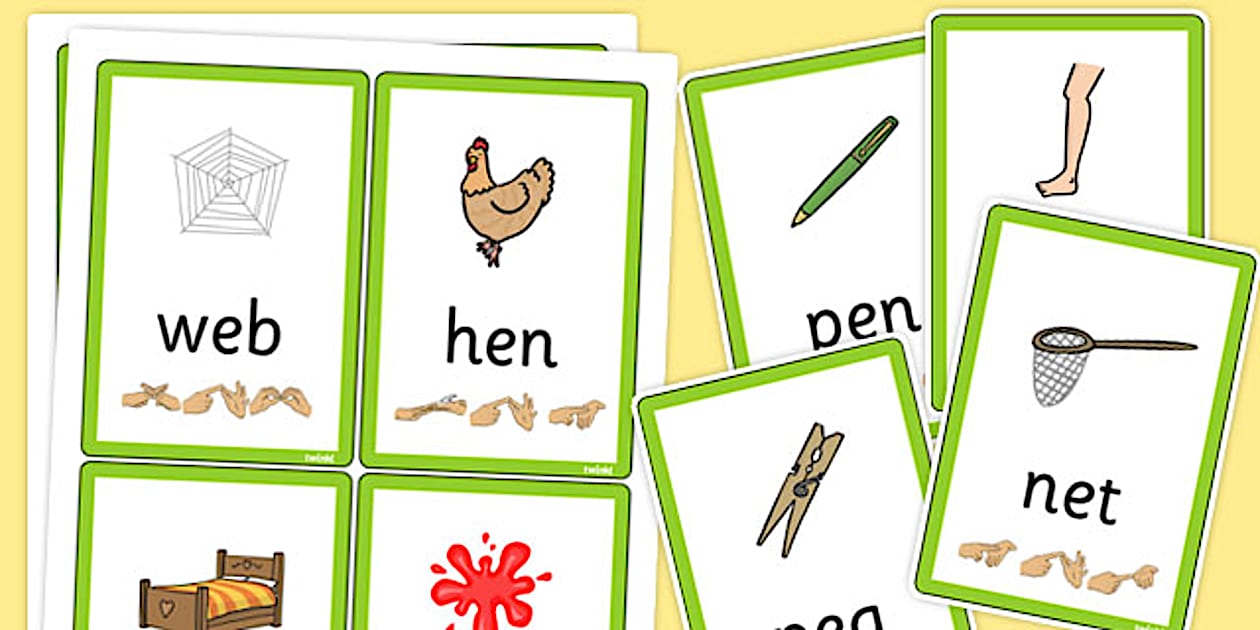 Black and White CVC Flash Cards with British Sign Language 'e'