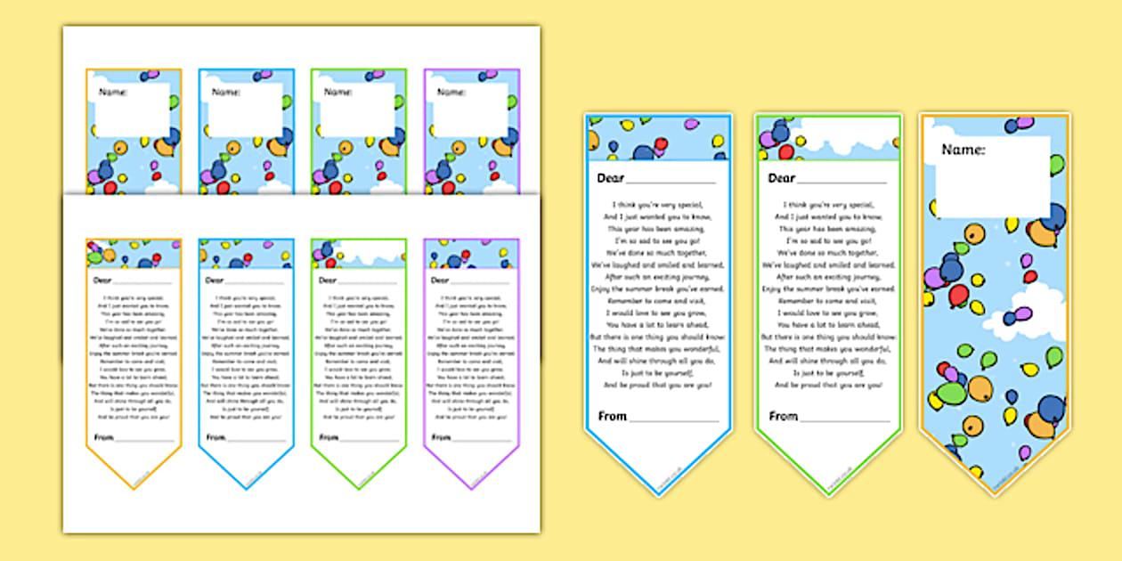 Editable Personalised Bookmarks | End of Year Poem - Twinkl