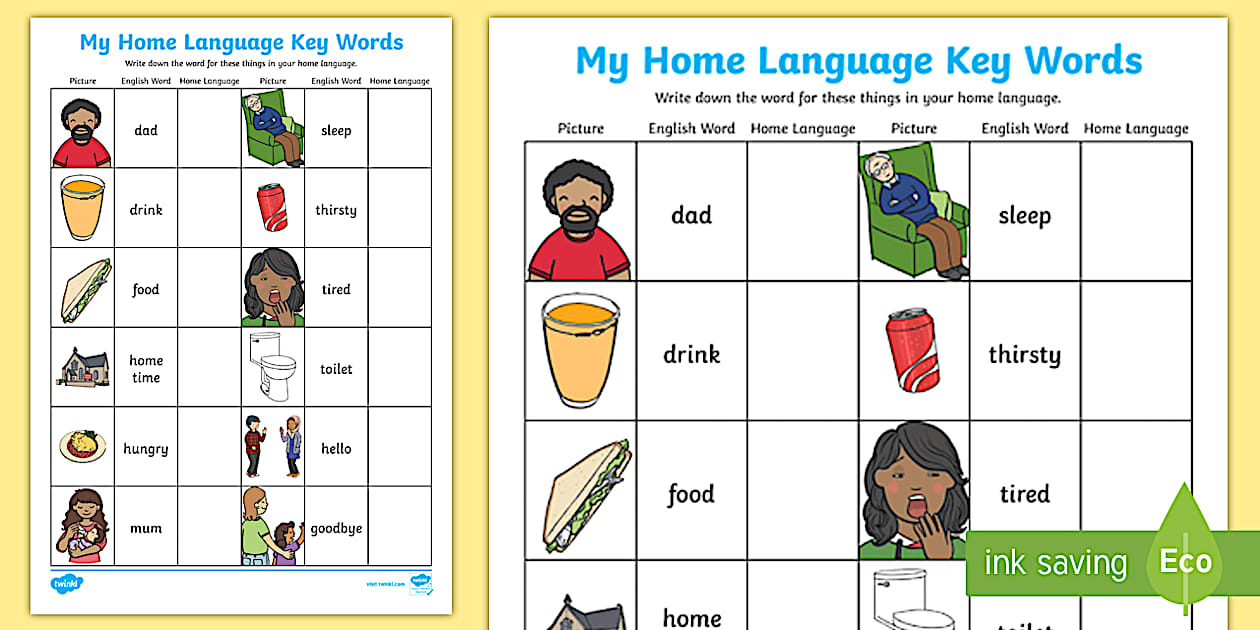 Black and White My Home Language Key Words Worksheet