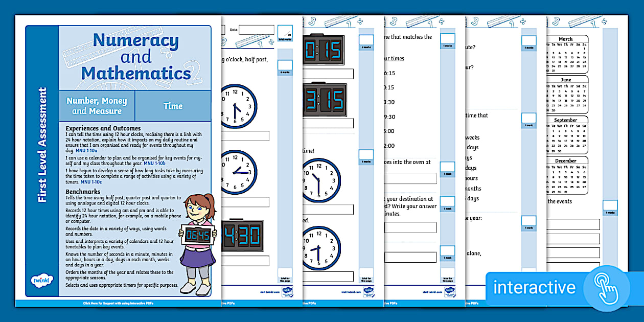 Interactive PDF: First Level Assessment - Time - Twinkl