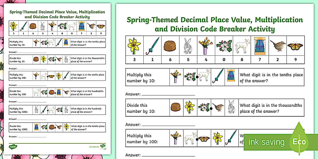 Spring Themed Decimal Place Value, Multiplication and Division Code Breaker