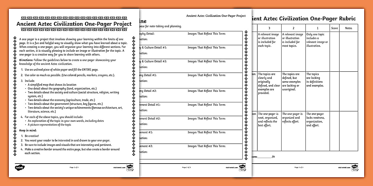 Ancient Aztec Civilization One-Pager Project 6th-8th Grade