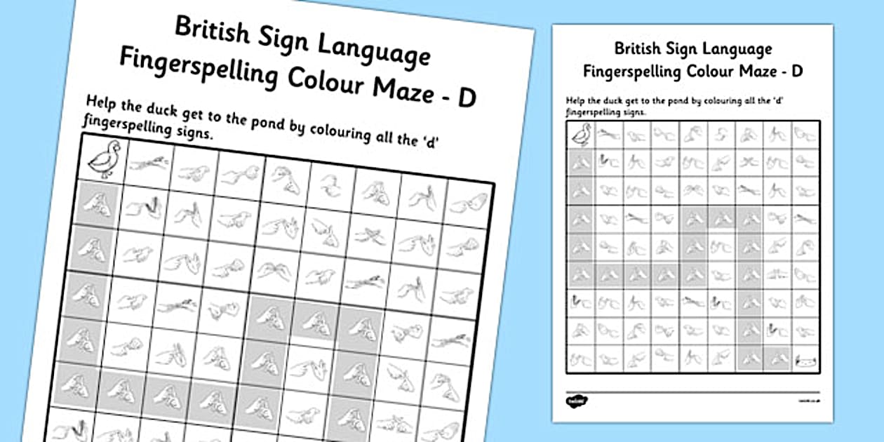 British Sign Language Fingerspelling Colour Maze D - Twinkl