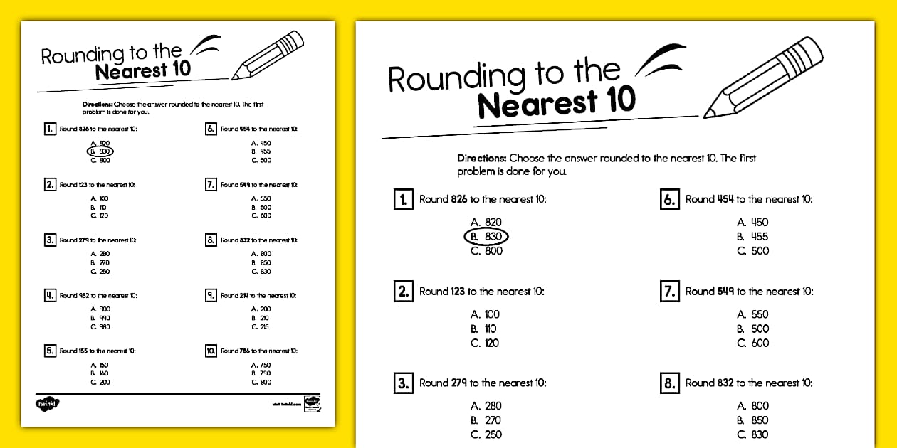 Second Grade Rounding to the Nearest 10 Multiple Choice Worksheet