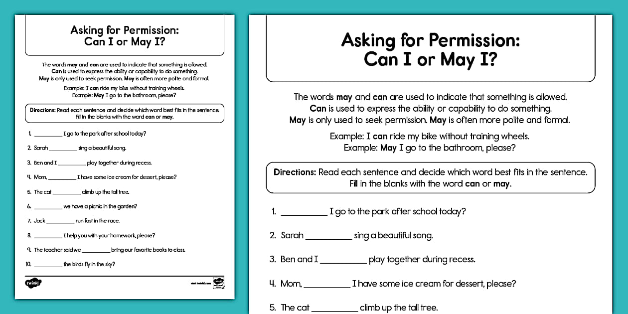 Second Grade Asking for Permission: Can I or May I? Worksheet