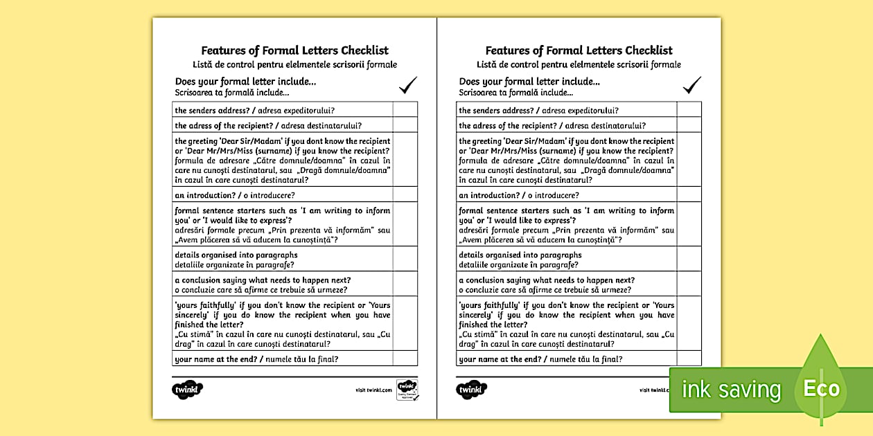 Editable Formal Letter Writing Checklist English/Romanian