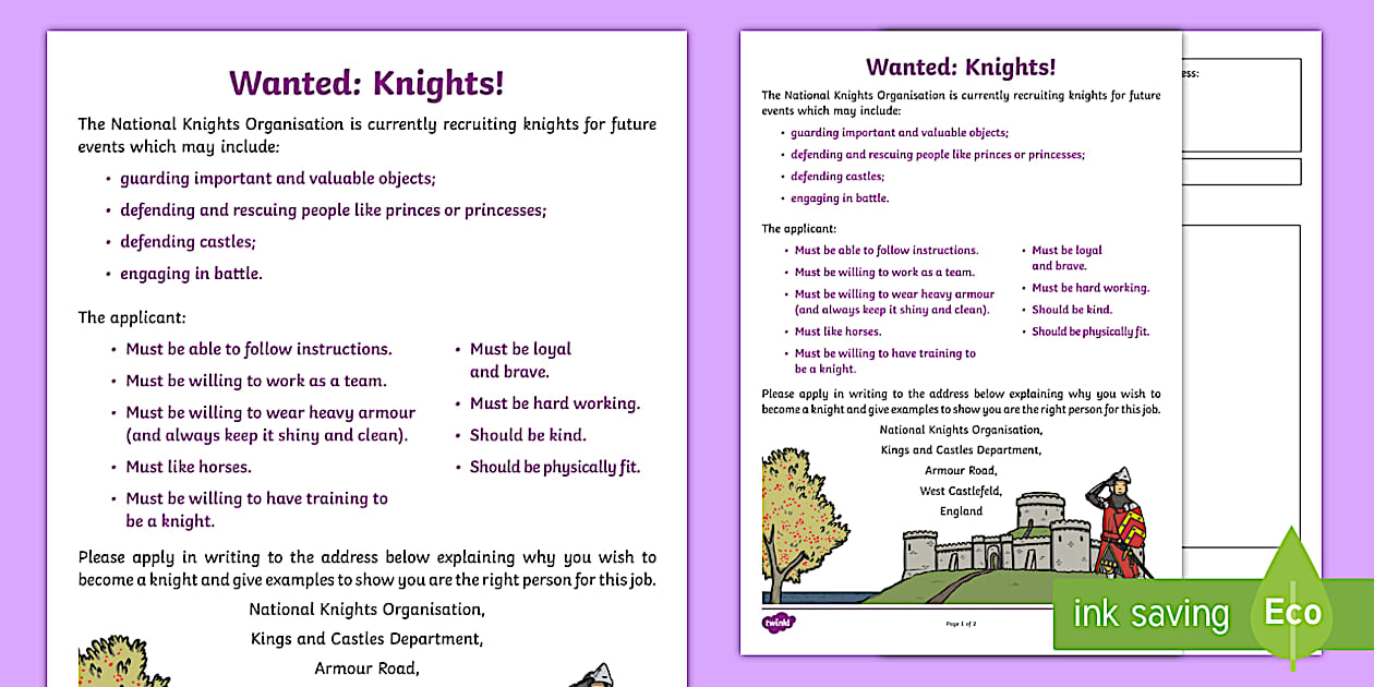 Black and White Wanted! Knights! Worksheet (teacher made)