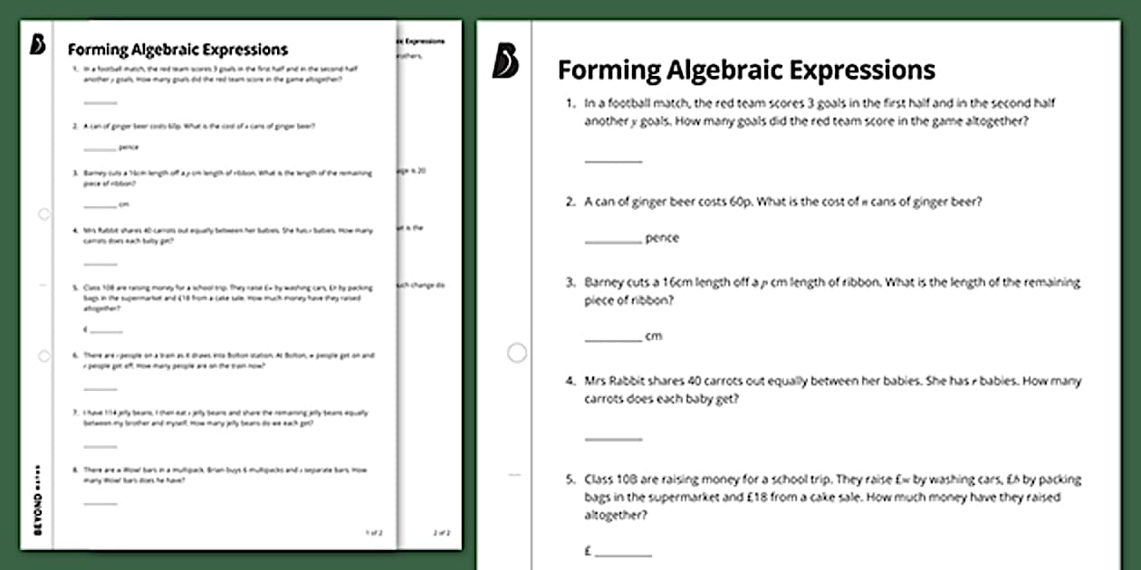 Writing Algebraic Expressions Worksheet - Maths Resource - Twinkl