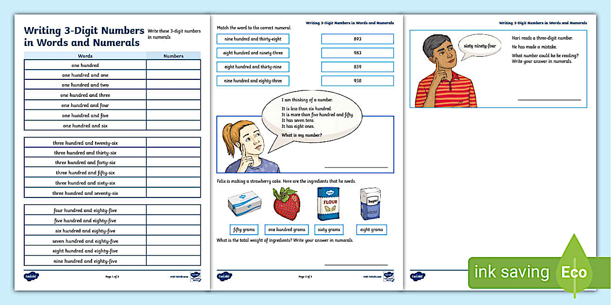 Writing 3-Digit Numbers in Words and Numerals Activity Sheet