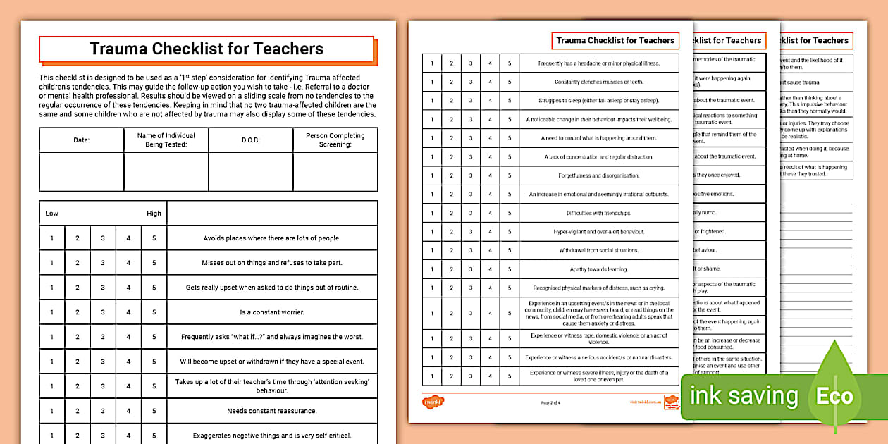 Trauma Initial Screening Checklist for Teachers - Twinkl
