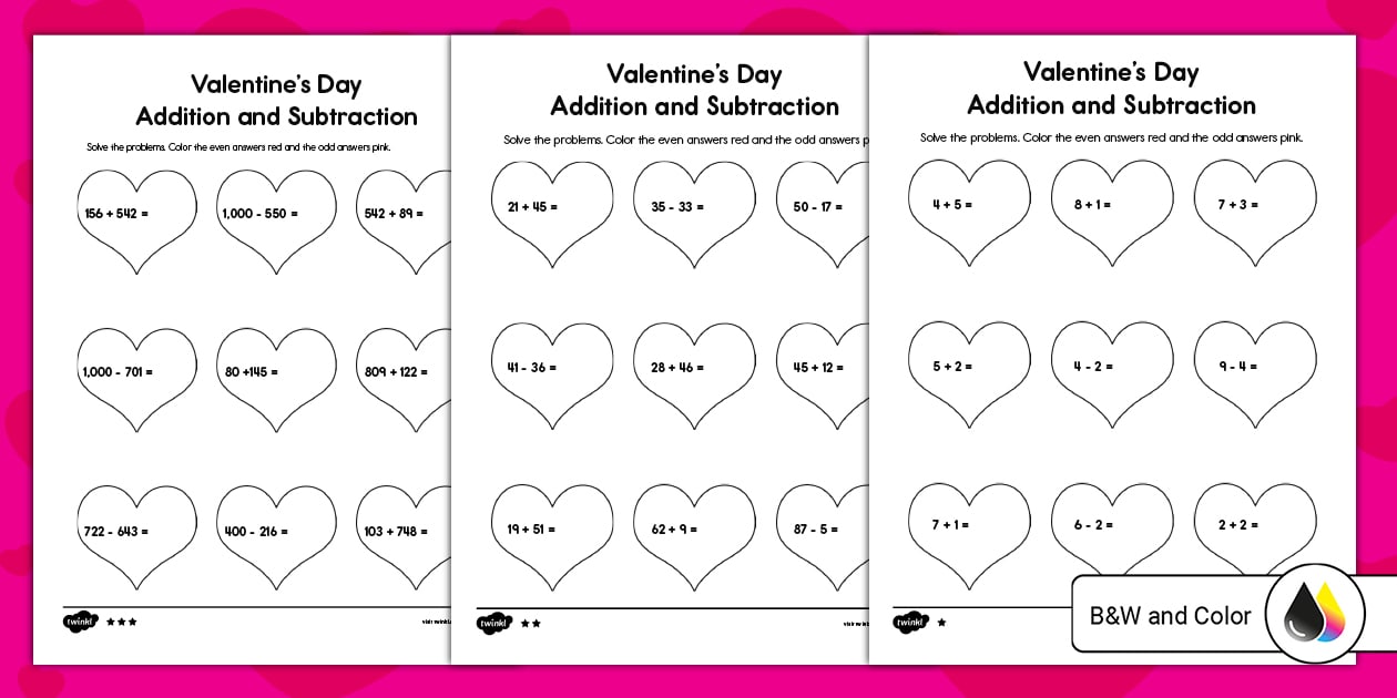 Valentine's Day Addition and Subtraction Worksheets | Twinkl