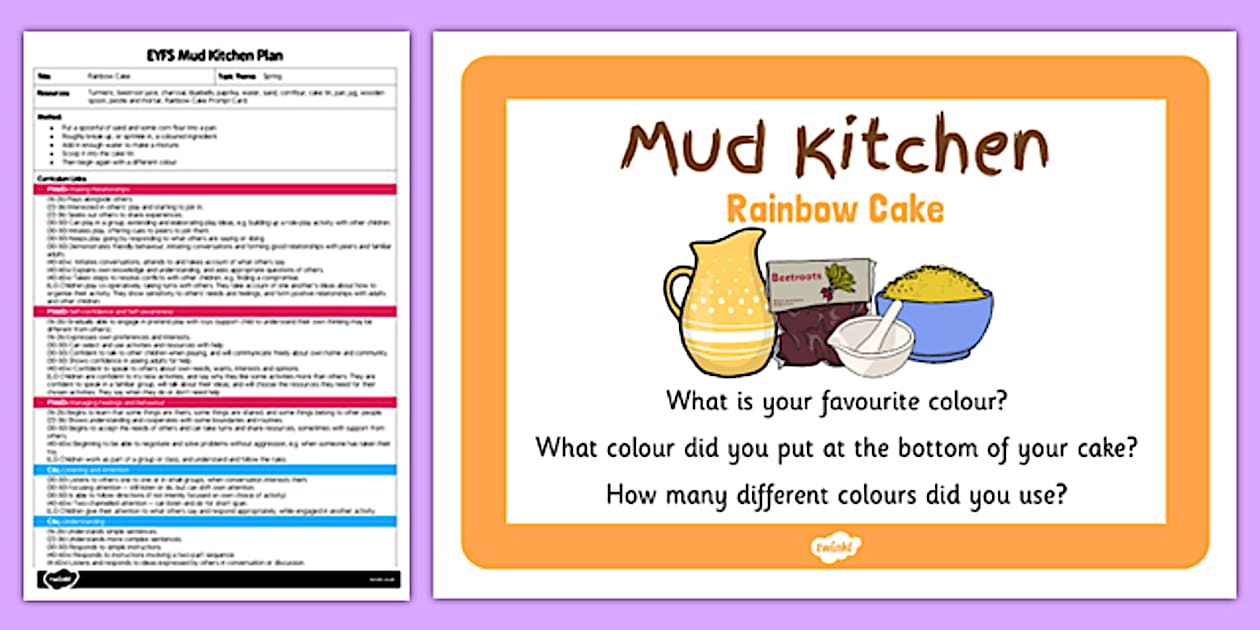 Rainbow Cake EYFS Mud Kitchen Plan and Prompt Card - mud kitchen