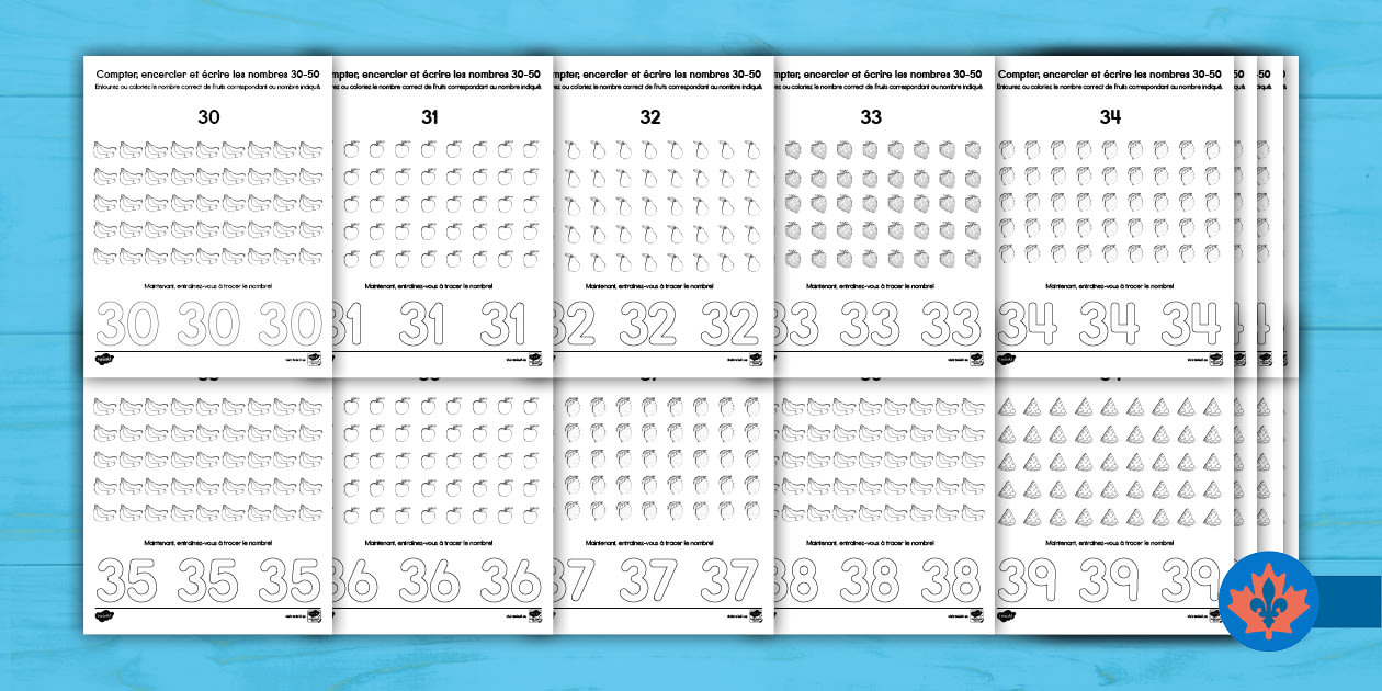 Count, circle and Write the Fruits Numbers 30-50 French