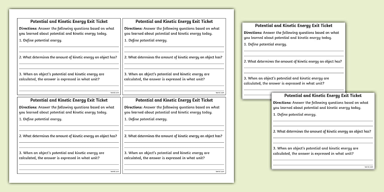 Sixth Grade Potential and Kinetic Energy Science Exit Ticket