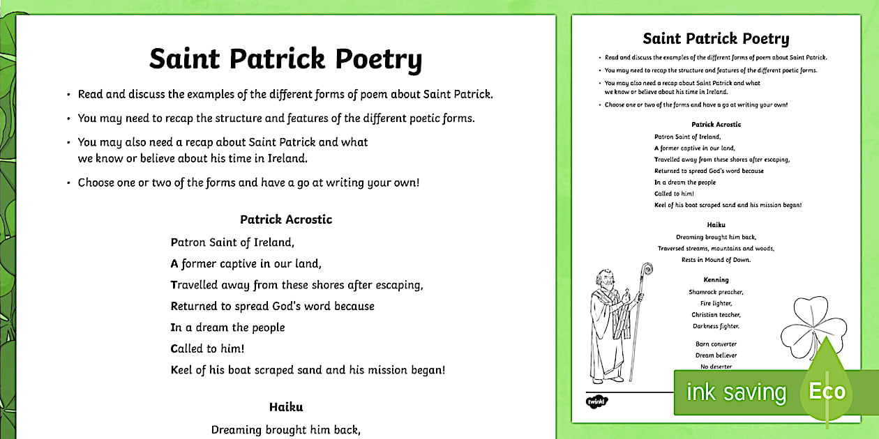 St. Patrick Poetry Worksheet / Worksheet - Twinkl