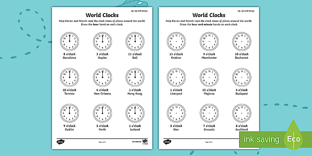 Up, Up and Away! World Clocks Worksheet / Worksheet - Twinkl