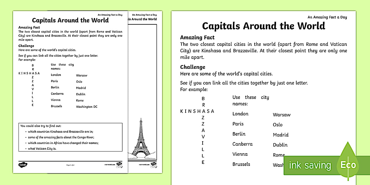 Editable Capitals Around the World Worksheet - Twinkl
