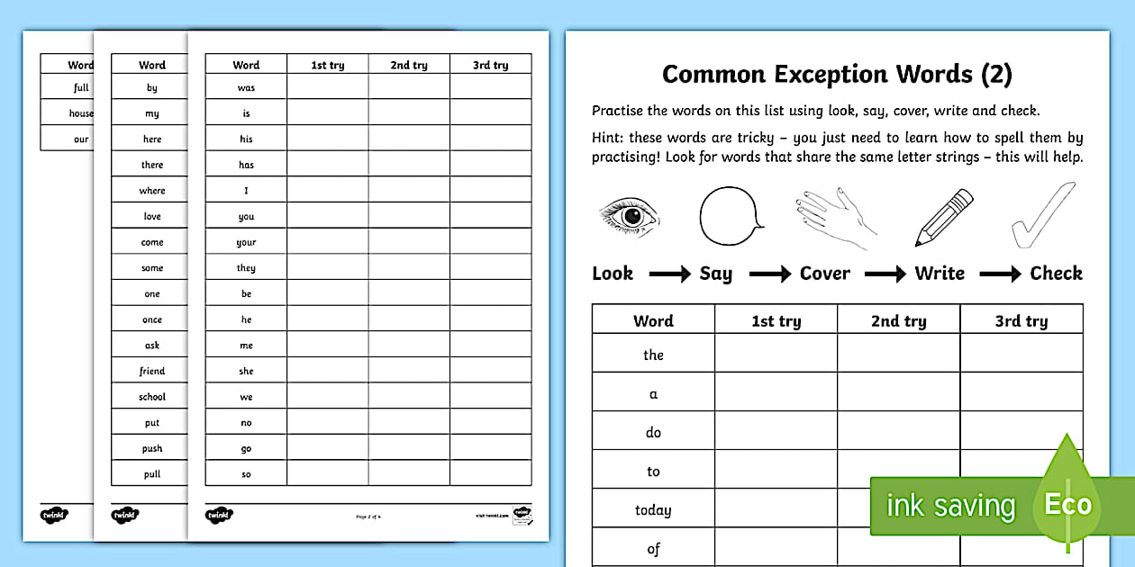 Year 1 Common Exception Words Worksheets – Spelling Practise