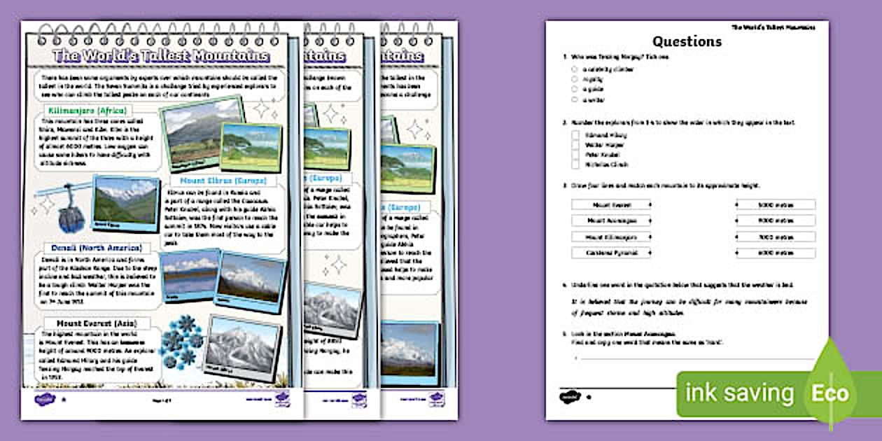 LKS2 The World's Tallest Mountains Differentiated Reading Comprehension