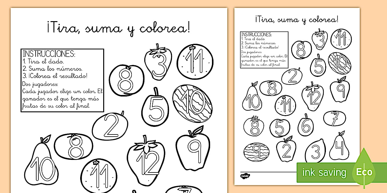 ¡Tira, suma y colorea! - Las frutas - Twinkl