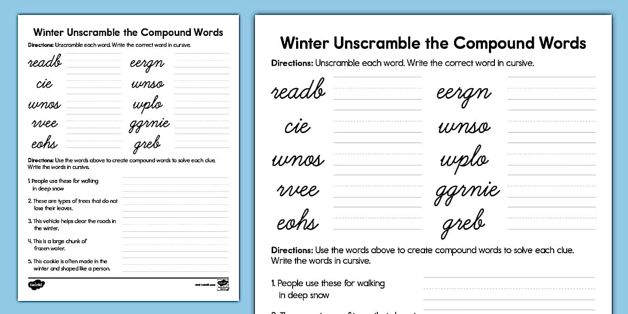 Winter Cursive Unscramble the Compound Words Worksheet